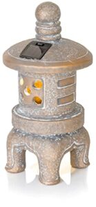 red co. 11” solar-powered led round pagoda lantern asian décor zen garden statue, distressed gold