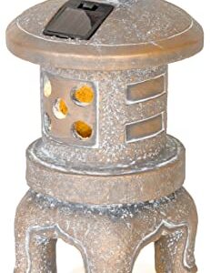 Red Co. 11” Solar-Powered LED Round Pagoda Lantern Asian Décor Zen Garden Statue, Distressed Gold