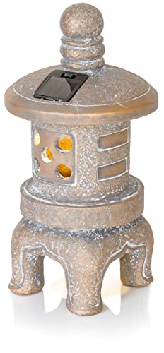 Red Co. 11” Solar-Powered LED Round Pagoda Lantern Asian Décor Zen Garden Statue, Distressed Gold