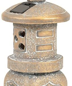 Red Co. 11” Solar-Powered LED Round Pagoda Lantern Asian Décor Zen Garden Statue, Distressed Gold