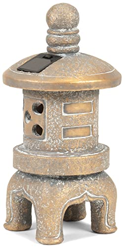 Red Co. 11” Solar-Powered LED Round Pagoda Lantern Asian Décor Zen Garden Statue, Distressed Gold