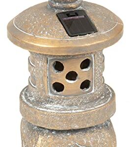 Red Co. 11” Solar-Powered LED Round Pagoda Lantern Asian Décor Zen Garden Statue, Distressed Gold