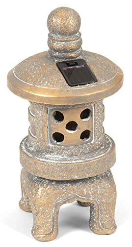 Red Co. 11” Solar-Powered LED Round Pagoda Lantern Asian Décor Zen Garden Statue, Distressed Gold