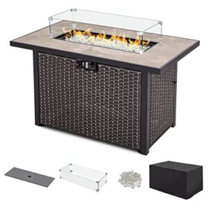 nuu garden 43 inch 50,000 btu propane gas fire pit table and glass fire pit wind guard bundle