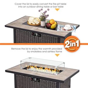 Nuu Garden 43 inch 50,000 BTU Propane Gas Fire Pit Table and Glass Fire Pit Wind Guard Bundle