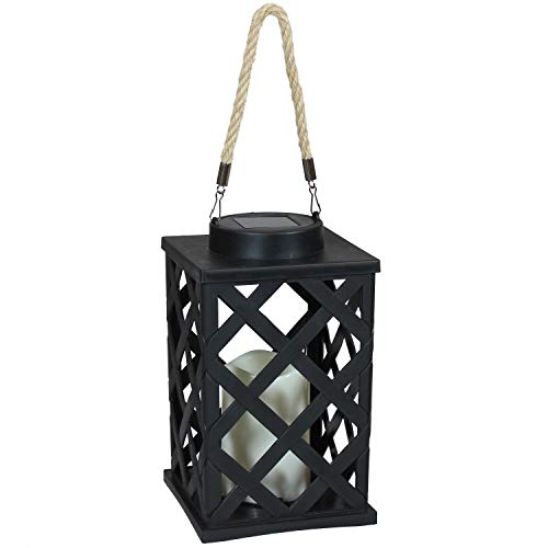 Sunnydaze Modern Crosshatch Outdoor Solar LED Decorative Candle Lantern - Rustic Farmhouse Decor for Patio, Porch, Deck and Garden - Tabletop and Hanging Outside Light - 9-Inch - Black