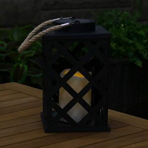 Sunnydaze Modern Crosshatch Outdoor Solar LED Decorative Candle Lantern - Rustic Farmhouse Decor for Patio, Porch, Deck and Garden - Tabletop and Hanging Outside Light - 9-Inch - Black