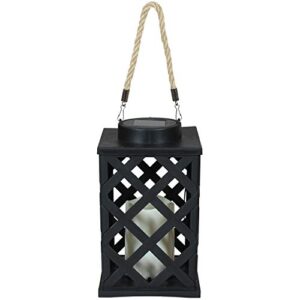 Sunnydaze Modern Crosshatch Outdoor Solar LED Decorative Candle Lantern - Rustic Farmhouse Decor for Patio, Porch, Deck and Garden - Tabletop and Hanging Outside Light - 9-Inch - Black