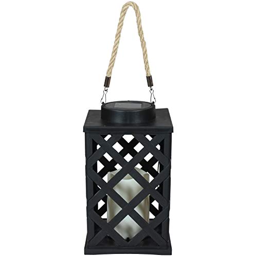 Sunnydaze Modern Crosshatch Outdoor Solar LED Decorative Candle Lantern - Rustic Farmhouse Decor for Patio, Porch, Deck and Garden - Tabletop and Hanging Outside Light - 9-Inch - Black