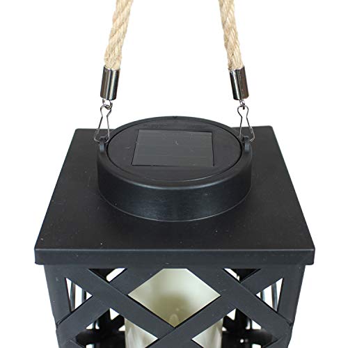 Sunnydaze Modern Crosshatch Outdoor Solar LED Decorative Candle Lantern - Rustic Farmhouse Decor for Patio, Porch, Deck and Garden - Tabletop and Hanging Outside Light - 9-Inch - Black