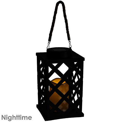 Sunnydaze Modern Crosshatch Outdoor Solar LED Decorative Candle Lantern - Rustic Farmhouse Decor for Patio, Porch, Deck and Garden - Tabletop and Hanging Outside Light - 9-Inch - Black