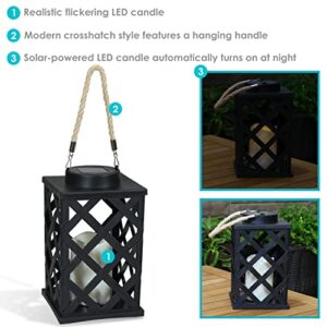 Sunnydaze Modern Crosshatch Outdoor Solar LED Decorative Candle Lantern - Rustic Farmhouse Decor for Patio, Porch, Deck and Garden - Tabletop and Hanging Outside Light - 9-Inch - Black