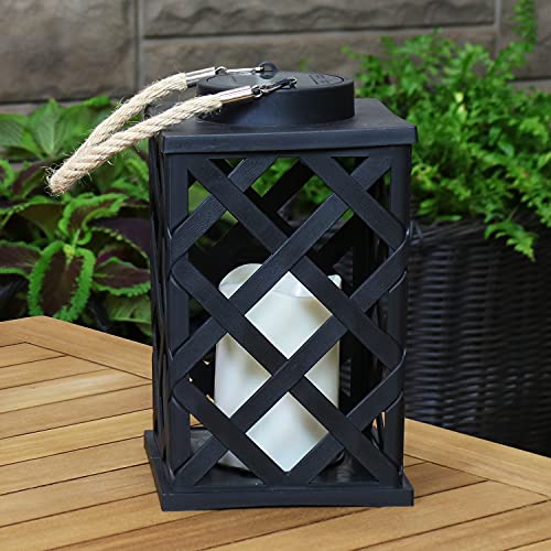 Sunnydaze Modern Crosshatch Outdoor Solar LED Decorative Candle Lantern - Rustic Farmhouse Decor for Patio, Porch, Deck and Garden - Tabletop and Hanging Outside Light - 9-Inch - Black