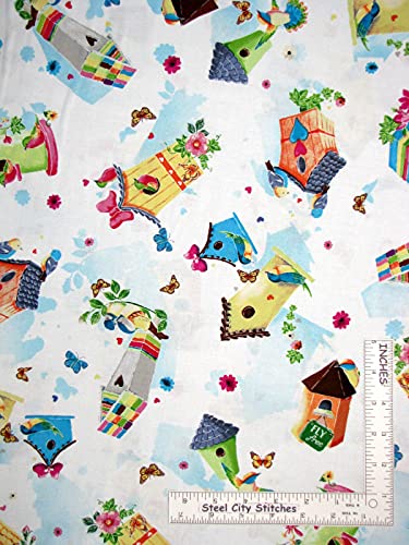 Quality Fabric Birdhouse Butterfly Bird Garden Flower Toss 100% Cotton Fabric QT Blessed The by The Yard