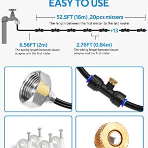 HOMENOTE Misting Cooling System 59FT (18M) Misting Line + 20 Brass Mist Nozzles + Brass Adapter(3/4") Outdoor Mister for Patio Garden Greenhouse Trampoline for Waterpark