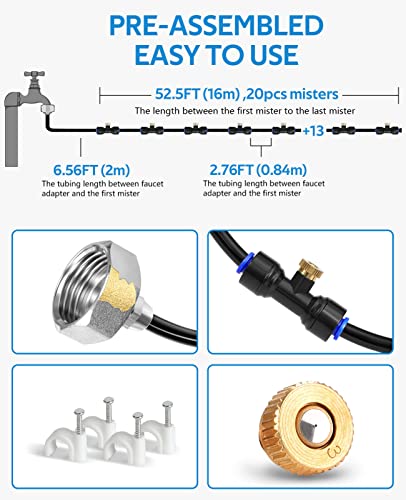 HOMENOTE Misting Cooling System 59FT (18M) Misting Line + 20 Brass Mist Nozzles + Brass Adapter(3/4") Outdoor Mister for Patio Garden Greenhouse Trampoline for Waterpark