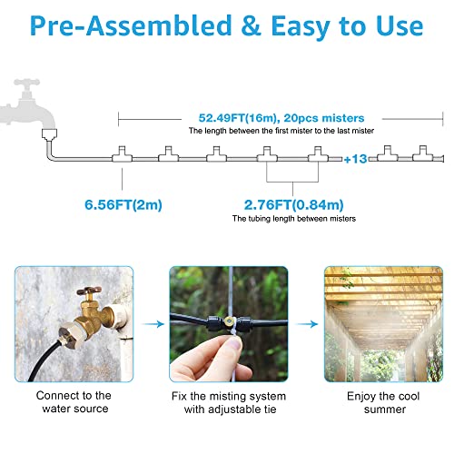 Misters for Outside Patio, 59 FT Misting Cooling System for Patio, 59FT (18 M) Misting Line+20 Mist Nozzles+3/4" Brass Adapter, Outdoor Misters for Patio, Garden, Greenhouse, Trampoline for Waterpark