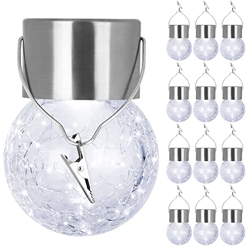 WENMER 12 Pack Outdoor Hanging Solar Lights Waterproof Cracked Glass Ball Lights with Hook and Clip Decorative Globe Solar Hanging Lights for Patio Garden Tree Fence Balcony Yard, Cold White