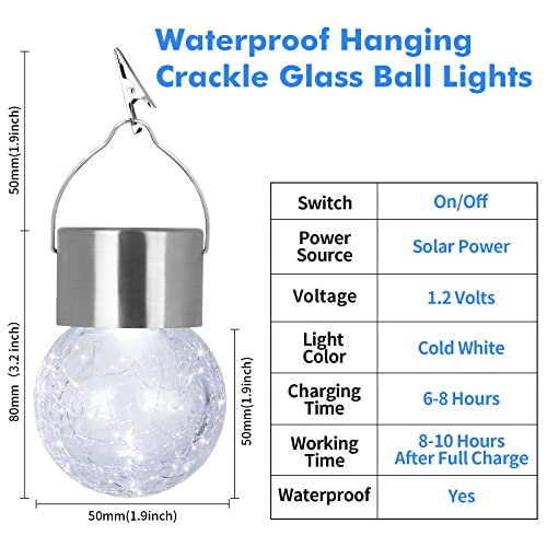 WENMER 12 Pack Outdoor Hanging Solar Lights Waterproof Cracked Glass Ball Lights with Hook and Clip Decorative Globe Solar Hanging Lights for Patio Garden Tree Fence Balcony Yard, Cold White