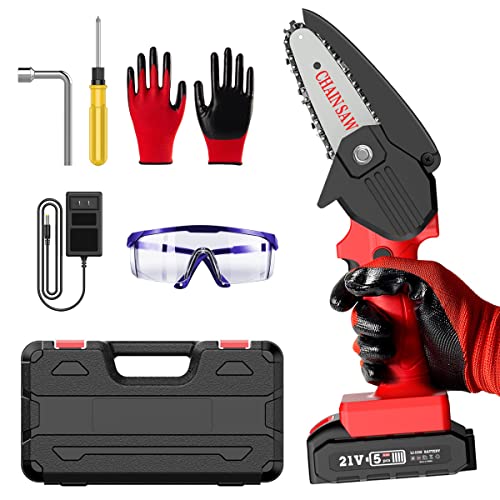 Mini Chainsaw Cordless, Rechargeable 4-Inch Handheld Chain Saw Portable Electric Saw 21V Lithium Battery Operated for Tree Branch Wood Cutting with Gloves and Goggles (Upgraded Version)