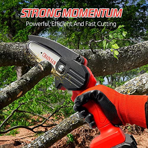 Mini Chainsaw Cordless, Rechargeable 4-Inch Handheld Chain Saw Portable Electric Saw 21V Lithium Battery Operated for Tree Branch Wood Cutting with Gloves and Goggles (Upgraded Version)