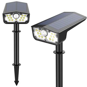 motion sensor outdoor lights solar powered, 3 modes, ip67 waterproof bright led solar flood light, dusk to dawn landscape spot lights for outside, pathway, yard, garden, driveway, 2 pack spotlight