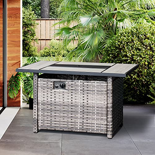 OVIOS Fire Pit Table 42 inch Outdoor Rectangle Gas Fire Table with Lid, 50,000 BTU, Wicker Rattan Patio Dinning Table for Yard Garden Porch (Grey-Large Size)