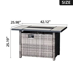 OVIOS Fire Pit Table 42 inch Outdoor Rectangle Gas Fire Table with Lid, 50,000 BTU, Wicker Rattan Patio Dinning Table for Yard Garden Porch (Grey-Large Size)