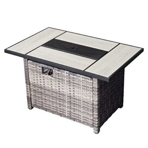 OVIOS Fire Pit Table 42 inch Outdoor Rectangle Gas Fire Table with Lid, 50,000 BTU, Wicker Rattan Patio Dinning Table for Yard Garden Porch (Grey-Large Size)