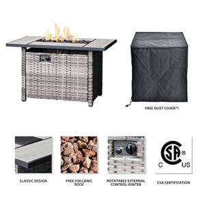 OVIOS Fire Pit Table 42 inch Outdoor Rectangle Gas Fire Table with Lid, 50,000 BTU, Wicker Rattan Patio Dinning Table for Yard Garden Porch (Grey-Large Size)