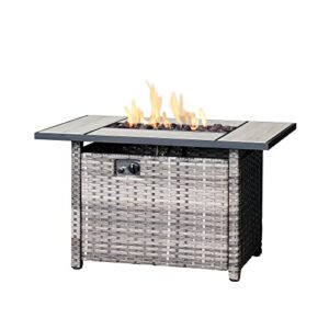 OVIOS Fire Pit Table 42 inch Outdoor Rectangle Gas Fire Table with Lid, 50,000 BTU, Wicker Rattan Patio Dinning Table for Yard Garden Porch (Grey-Large Size)