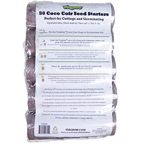 Viagrow Coco Coir Seed Starter Plugs, Sustainable Soil Pods, Expandable Coco Discs 50mm, 50-Pack