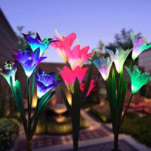 nmm solar garden stake flower lights, 3pack outdoor lily flower lights with 12 lily flowers,multi-color changing led solar landscape lighting light for garden, patio,lawn,yard decoration