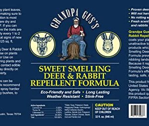 Grandpa Gus's Deer & Rabbit Repellent Ready-to-Use Spray, Protects Garden & Yard, Sweet Smelling Formula with Natural Essential Oils, Weather-Resistant Stink-Free Long-Lasting Scent (32oz)