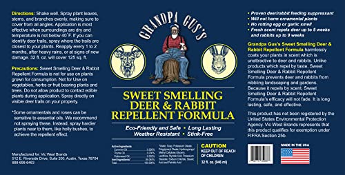 Grandpa Gus's Deer & Rabbit Repellent Ready-to-Use Spray, Protects Garden & Yard, Sweet Smelling Formula with Natural Essential Oils, Weather-Resistant Stink-Free Long-Lasting Scent (32oz)