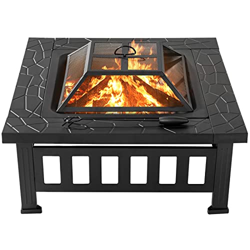 SINGLYFIRE 32 Inch Fire Pit Table for Outside Square Metal Firepit Outdoor Wood Burning Large Steel Bonfire Pit for Patio Backyard Garden with Waterproof Cover,Spark Screen,Log Grate,Poker