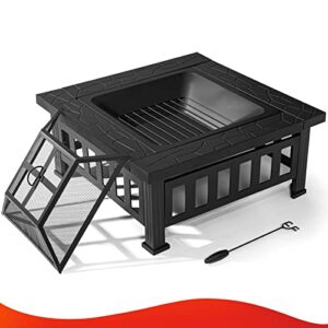 SINGLYFIRE 32 Inch Fire Pit Table for Outside Square Metal Firepit Outdoor Wood Burning Large Steel Bonfire Pit for Patio Backyard Garden with Waterproof Cover,Spark Screen,Log Grate,Poker