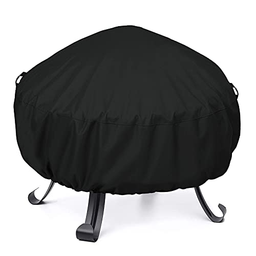 SunPatio Fire Pit Cover Round 32 inch, Heavy Duty Waterproof Fire Bowl Cover, Outdoor Patio Furniture Cover Side Table Cover with Adjustable Drawstring and Handles, UV & Rip & Fade Resistant, Black