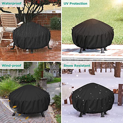 SunPatio Fire Pit Cover Round 32 inch, Heavy Duty Waterproof Fire Bowl Cover, Outdoor Patio Furniture Cover Side Table Cover with Adjustable Drawstring and Handles, UV & Rip & Fade Resistant, Black