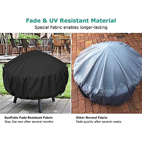 SunPatio Fire Pit Cover Round 32 inch, Heavy Duty Waterproof Fire Bowl Cover, Outdoor Patio Furniture Cover Side Table Cover with Adjustable Drawstring and Handles, UV & Rip & Fade Resistant, Black