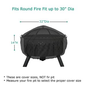 SunPatio Fire Pit Cover Round 32 inch, Heavy Duty Waterproof Fire Bowl Cover, Outdoor Patio Furniture Cover Side Table Cover with Adjustable Drawstring and Handles, UV & Rip & Fade Resistant, Black