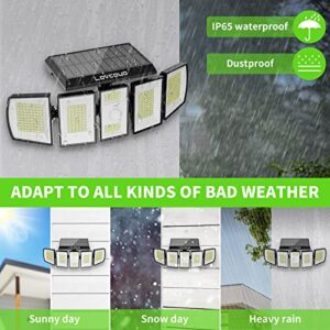 Lovcoyo Solar Outdoor Lights, Motion Sensor Security Lights IP65 Waterproof with Remote Control Wireless，5 Heads 300 LED Outdoor Flood Lights 360° Illumination with 3 Modes for Garage Yard Garden