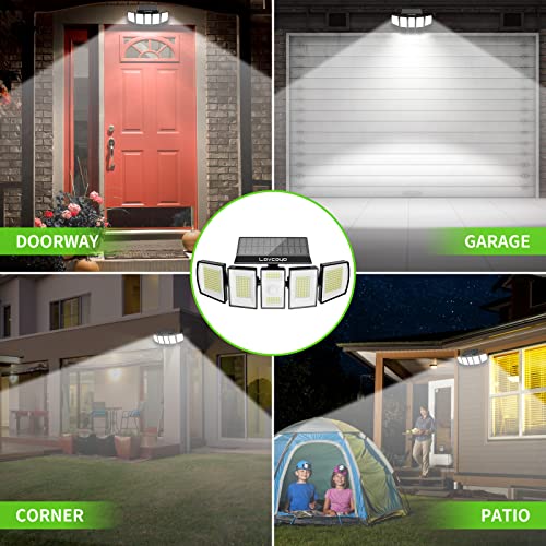 Lovcoyo Solar Outdoor Lights, Motion Sensor Security Lights IP65 Waterproof with Remote Control Wireless，5 Heads 300 LED Outdoor Flood Lights 360° Illumination with 3 Modes for Garage Yard Garden