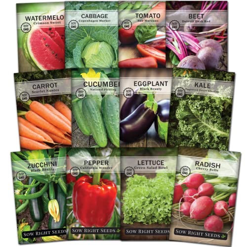 Sow Right Seeds - Classic Vegetable Garden Seed Collection for Planting - Non-GMO Heirloom Beets, Cabbage, Carrot, Cucumber, Eggplant, Kale, Lettuce, Tomato, Peppers, Radish, Watermelon, and Zucchini