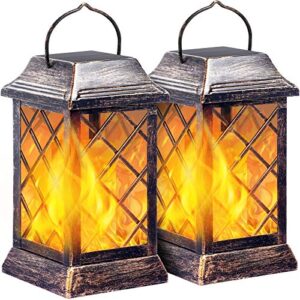 tomcare solar lights outdoor flickering flame metal solar lantern outdoor hanging decorative lanterns heavy duty waterproof umbrella decorations lighting for patio garden deck yard, 2 pack (bronze)