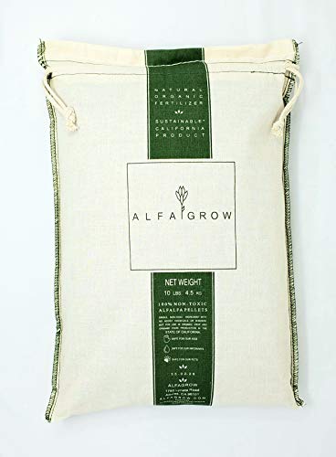 Alfagrow - 10 lbs Alfalfa Pellets, Natural Fertilizer, Soil Amendment, Mulch, High in Nitrogen, Canvas Drawstring Reusable Bag, Great for Roses