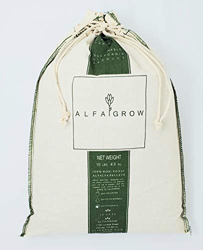 Alfagrow - 10 lbs Alfalfa Pellets, Natural Fertilizer, Soil Amendment, Mulch, High in Nitrogen, Canvas Drawstring Reusable Bag, Great for Roses