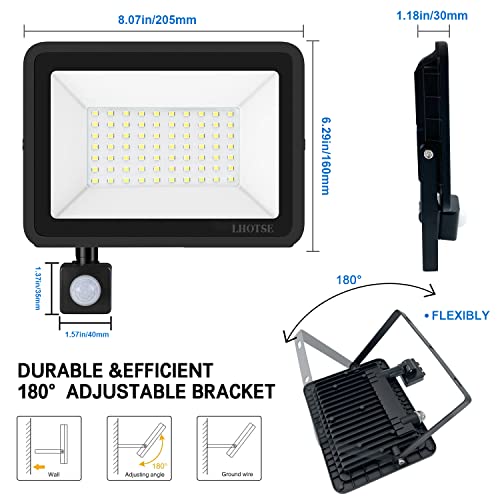 LHOTSE 2 Pack 50W LED Flood Light Outdoor,8000 lumens LED Work Light with Motion Sensor and Plug,IP65 Waterproof Outdoor Floodlights,6500K Daylight White Super Bright Security Light for Garden Patio