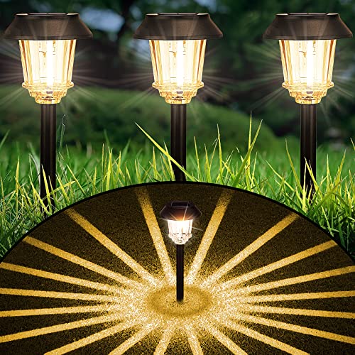 BEAU JARDIN 8 Pack Solar Landscape Lights Bright Pathway Outdoor Garden Stake Glass Stainless Steel Waterproof Auto On/Off White Solar Powered Decorative Lighting for Yard Patio Walkway Black BG319