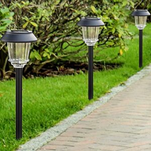 BEAU JARDIN 8 Pack Solar Landscape Lights Bright Pathway Outdoor Garden Stake Glass Stainless Steel Waterproof Auto On/Off White Solar Powered Decorative Lighting for Yard Patio Walkway Black BG319